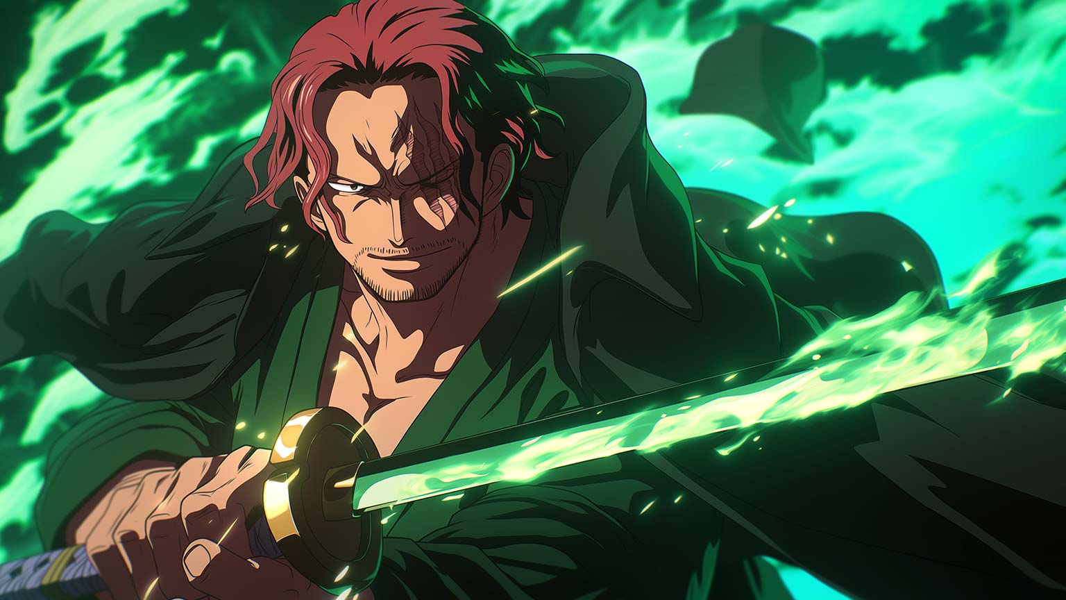 One Piece Shanks Green Fire Desktop Wallpaper - Anime Wallpaper