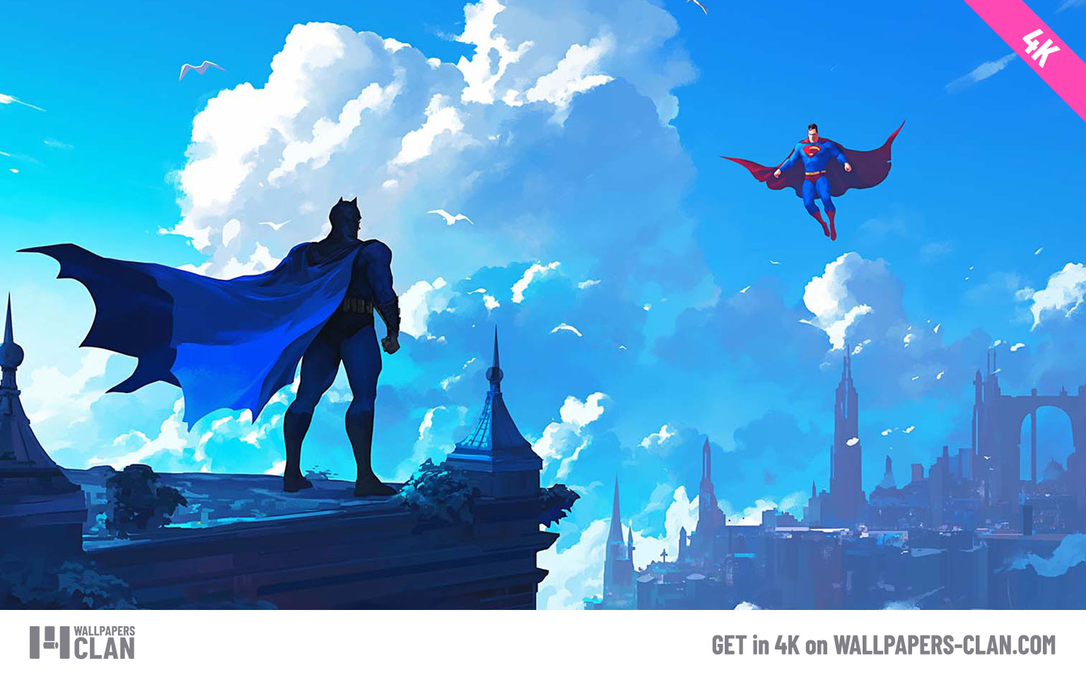 Batman & Superman Face Off on City Rooftop Desktop Wallpaper