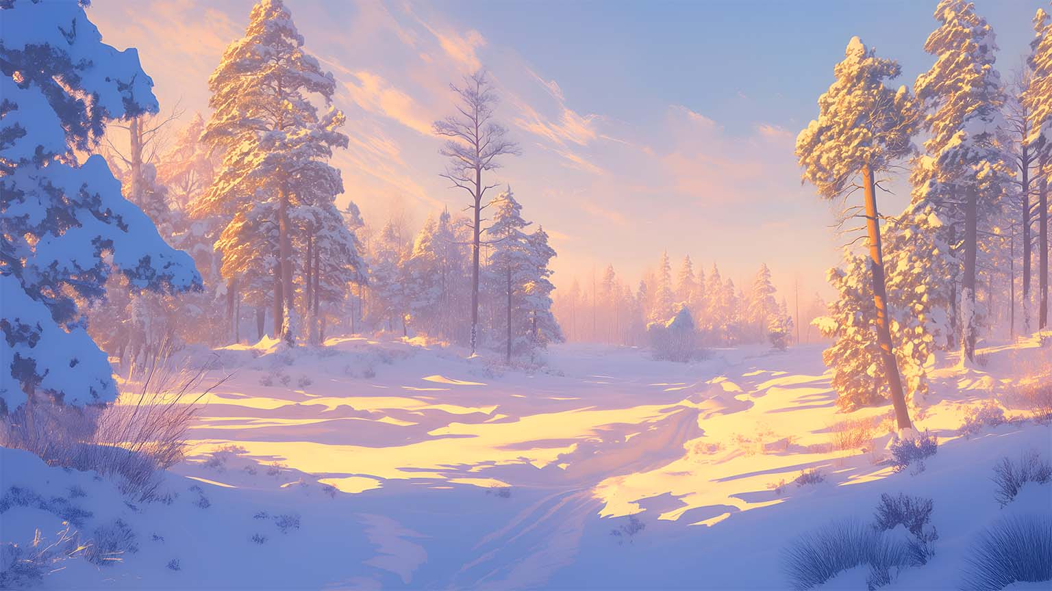 Serene Snowy Forest Morning Light Desktop Wallpaper - Winter 4K