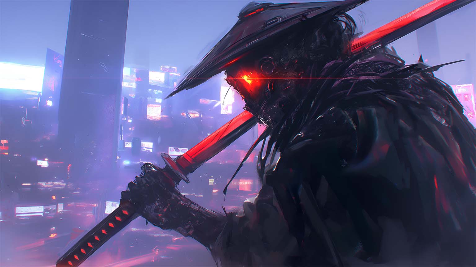 Cyberpunk Samurai Glowing Red Sword Desktop Wallpaper 4K