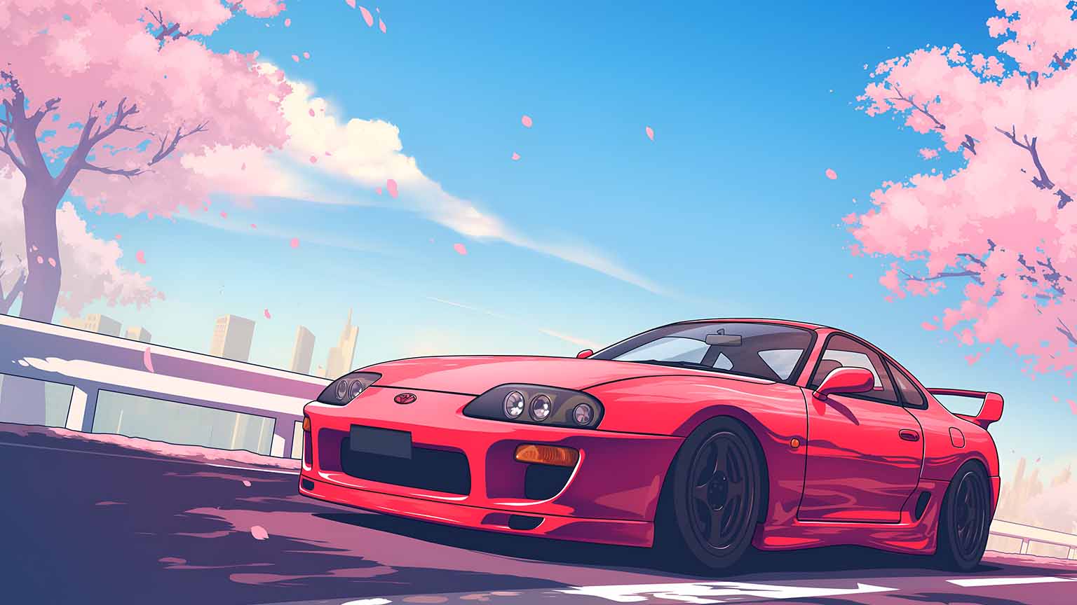 Free Anime Red Supra Cherry Blossoms Desktop Wallpaper 4K