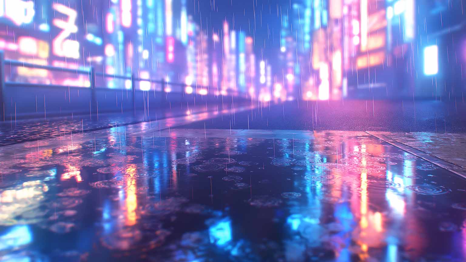 Cyberpunk City Rainy Night Neon Reflections Desktop Wallpaper