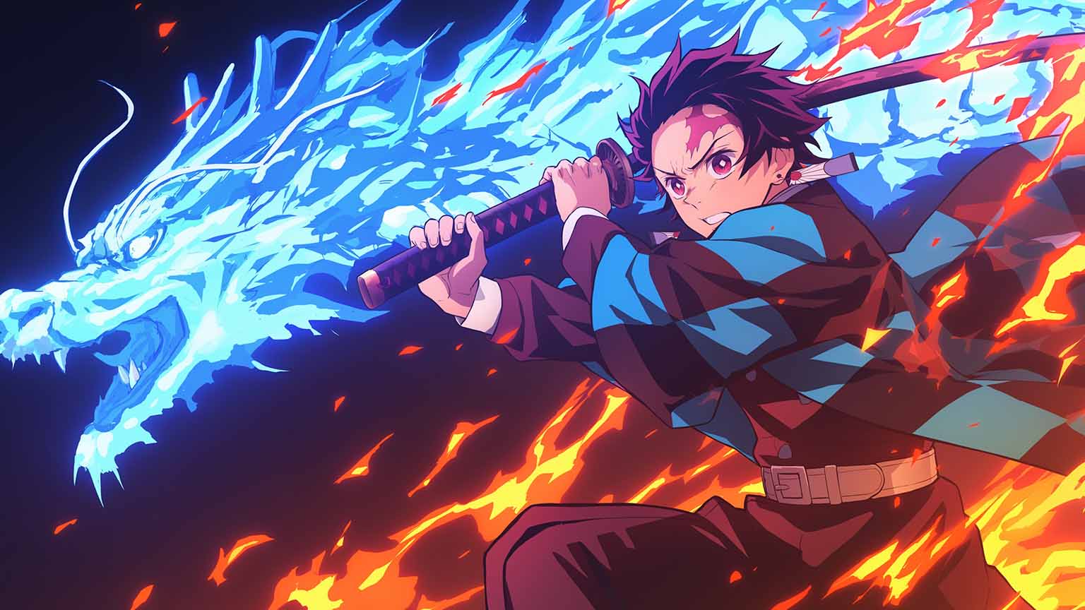 Demon Slayer Tanjiro Flame Dragon Art Desktop Wallpaper
