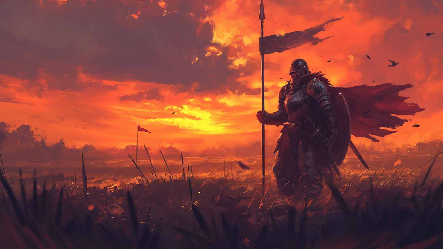 Free Medieval Knight Sunset Field Desktop Wallpaper