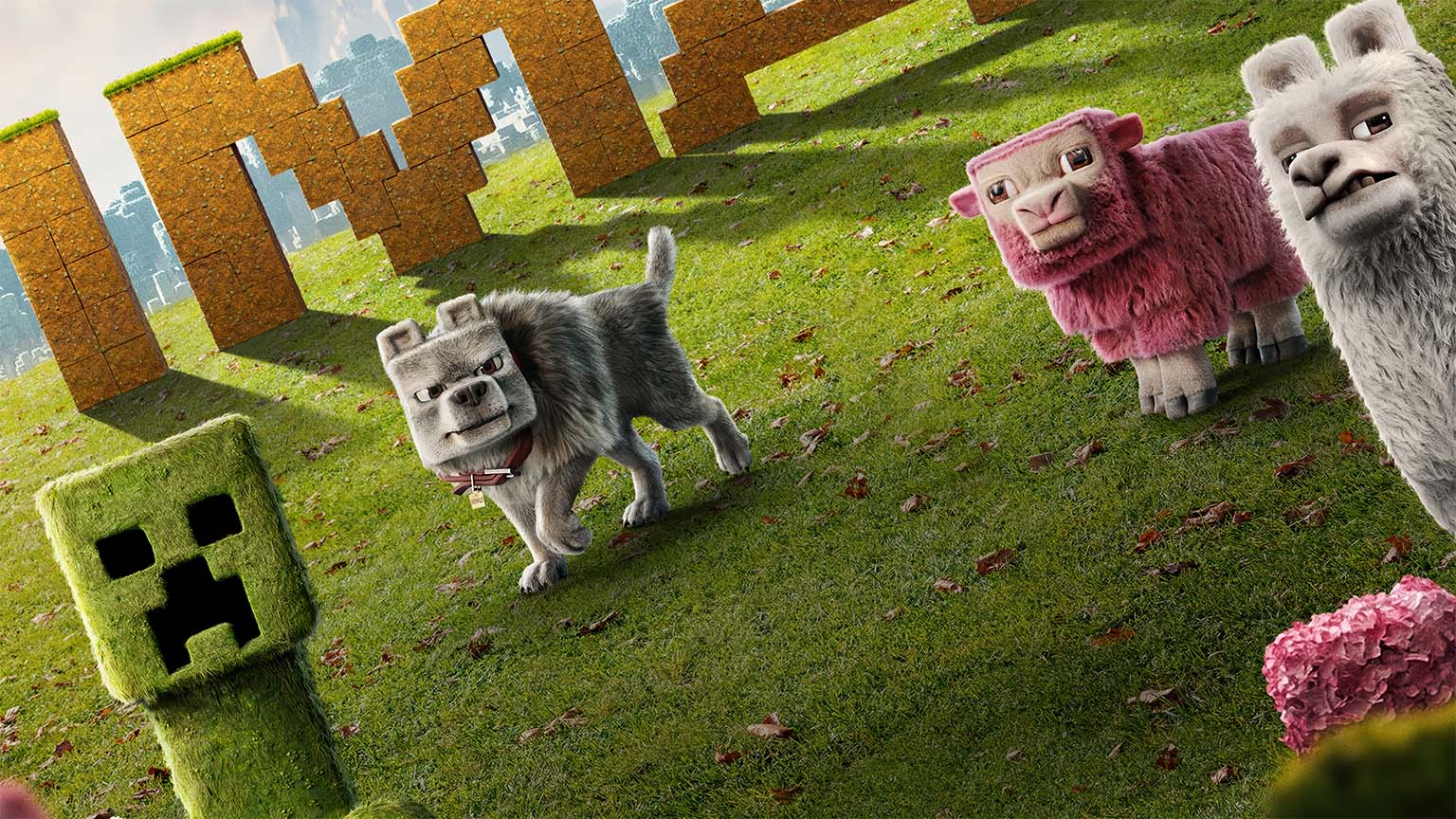 Minecraft Movie Animals Sheep Dog Creeper Wallpaper 4K