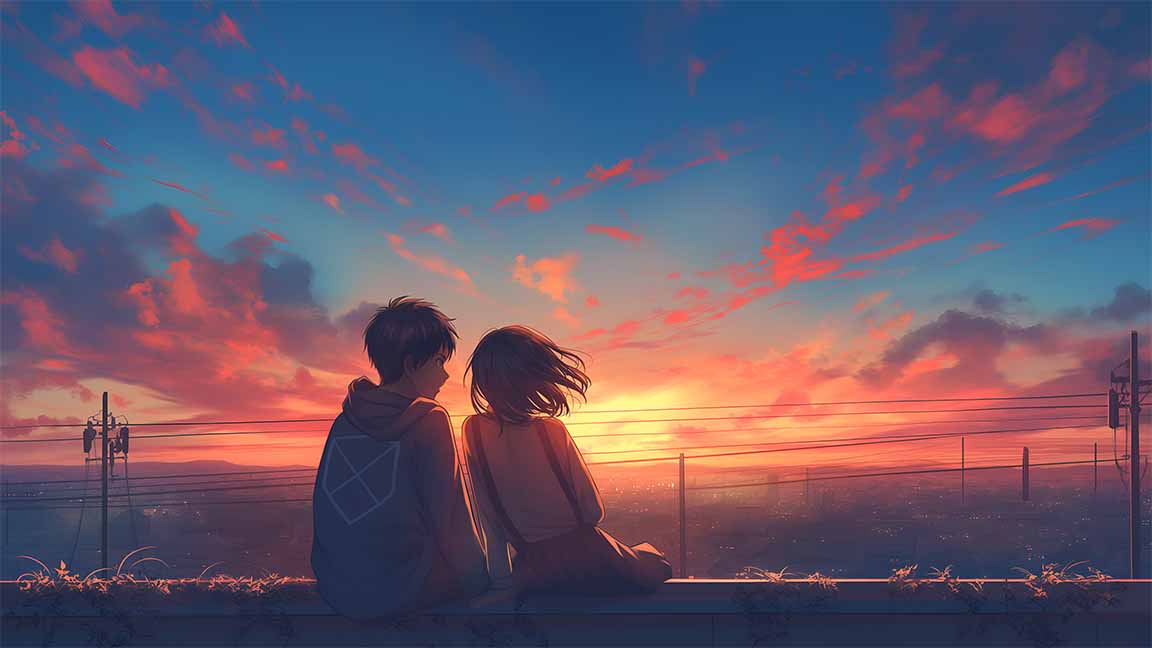Anime Couple Sunset Rooftop Love Scene Desktop Wallpaper 4K