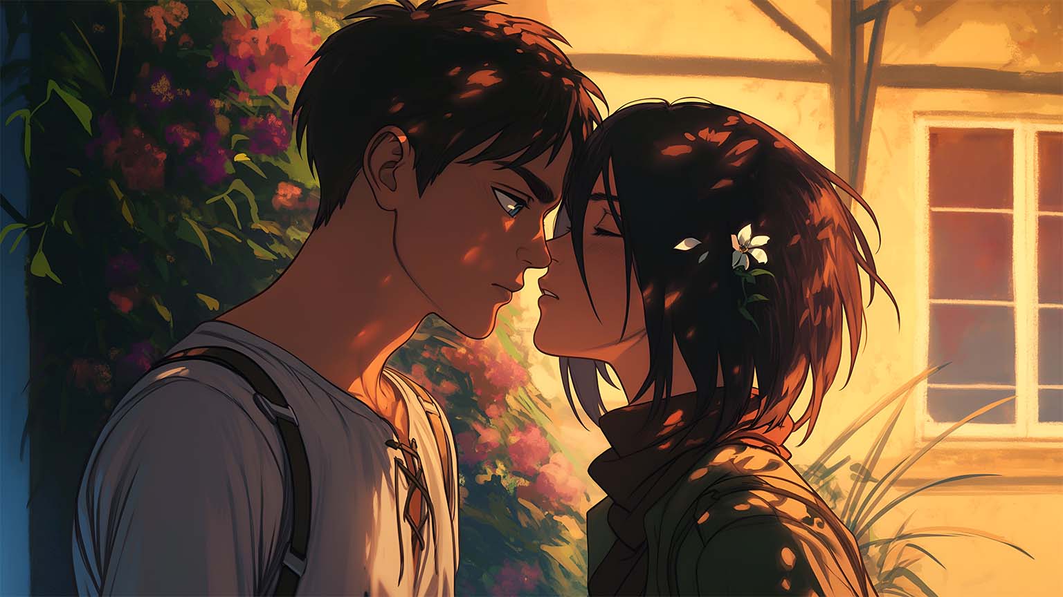 Attack on Titan Eren Mikasa Romantic Scene Wallpaper 4K