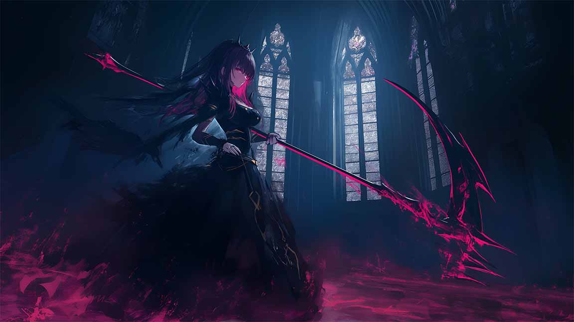 Calliope Mori Scythe in Dark Cathedral Desktop Wallpaper - 4K Vibe