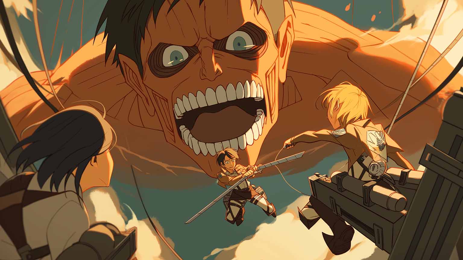 Free Eren Yeager Fighting Colossal Titan Desktop Wallpaper