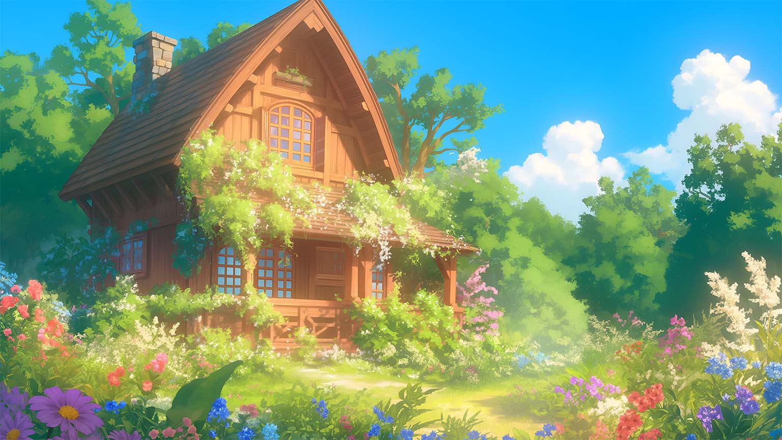 Cool Ghibli Cottage in Flower Field Desktop Wallpaper 4K
