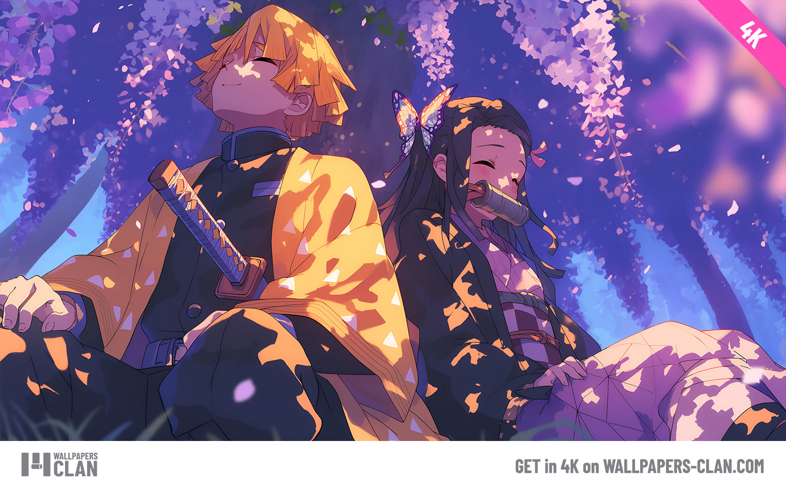 Nezuko & Zenitsu Spring Blossoms Demon Slayer Wallpaper 4K