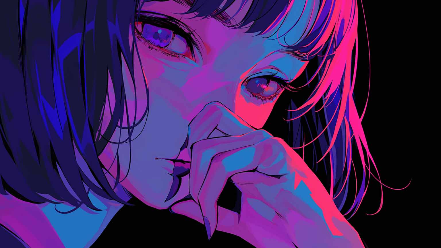 Free Pensive Anime Girl Neon Lights Desktop Wallpaper