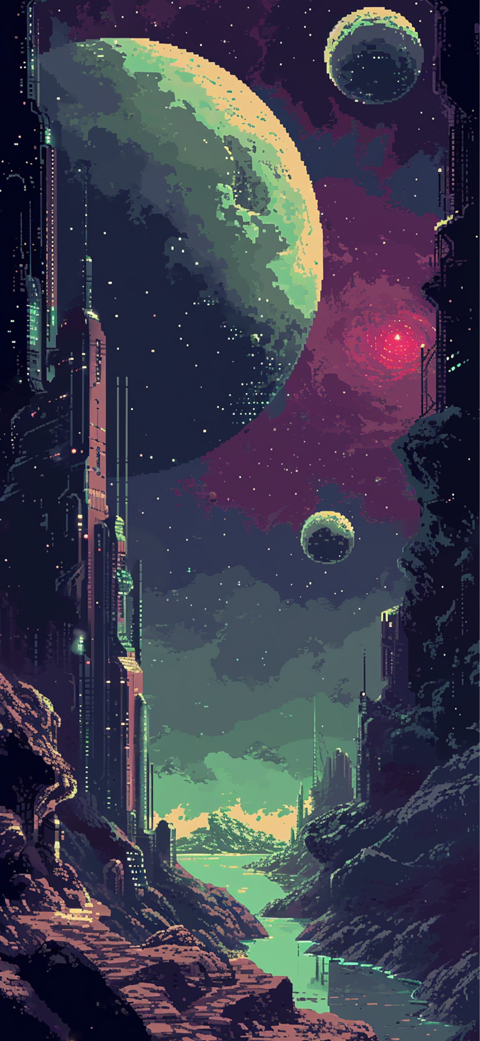 Pixel Art Space Planetary Scene Wallpapers - iPhone Wallpapers HD