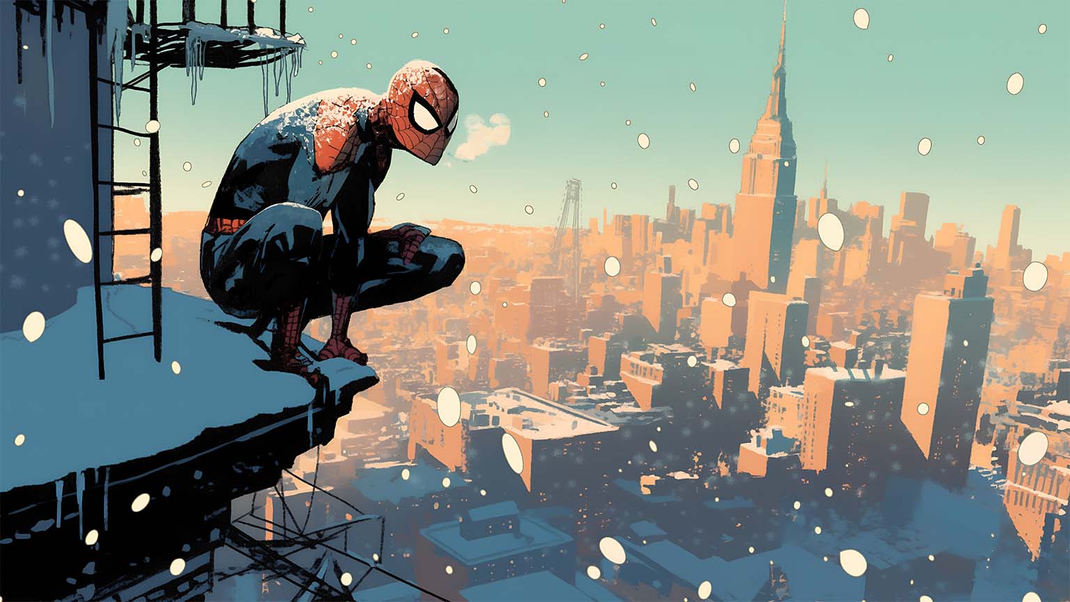 Spiderman Watching Sunset Over Snowing Desktop Wallpaper