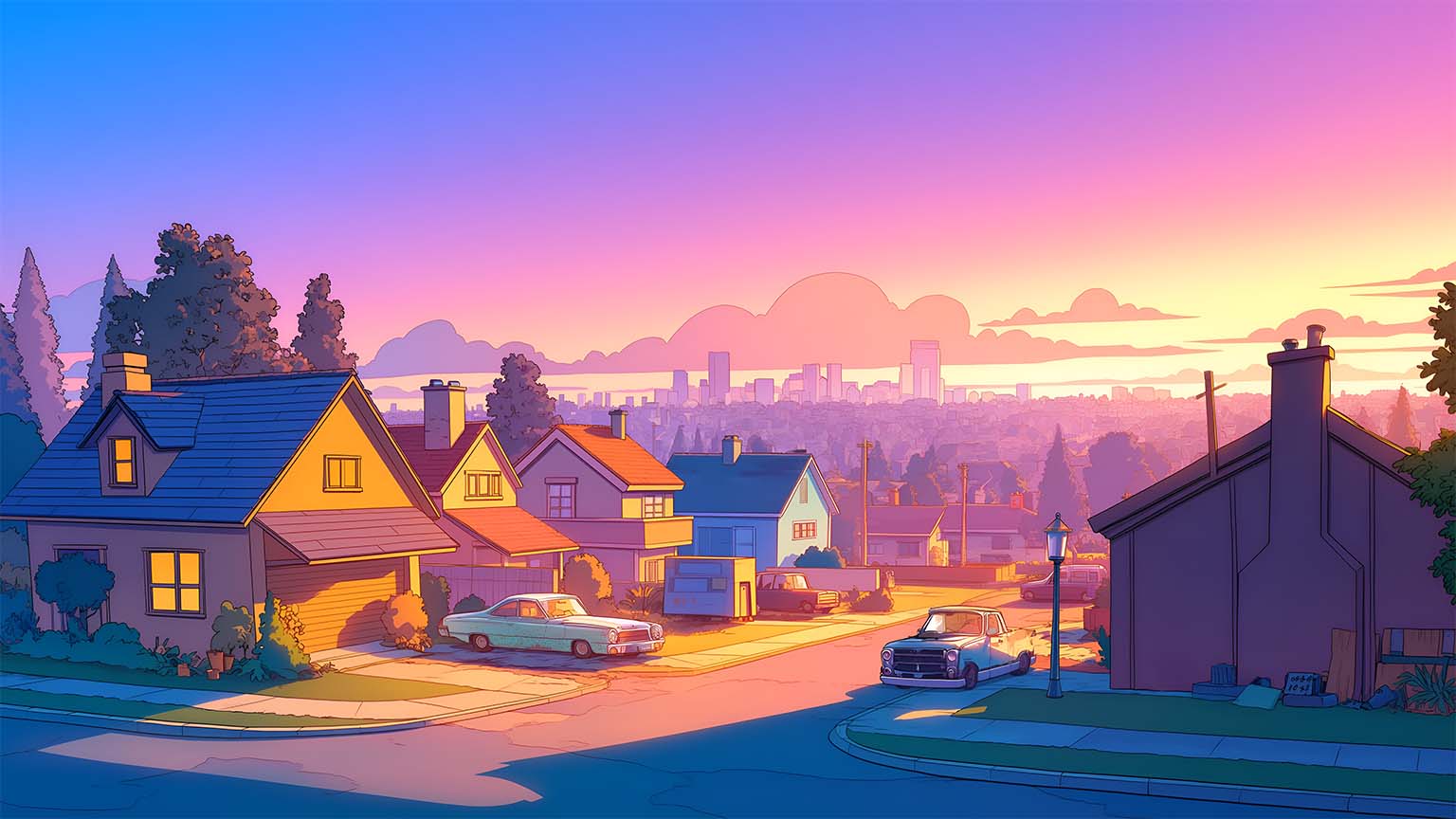 Sunset Neighborhood Laptop Wallpaper 4K - Summer Wallpaper