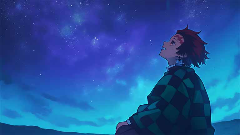 Demon Slayer Tanjiro Stands Under Blue Moon Desktop Wallpaper