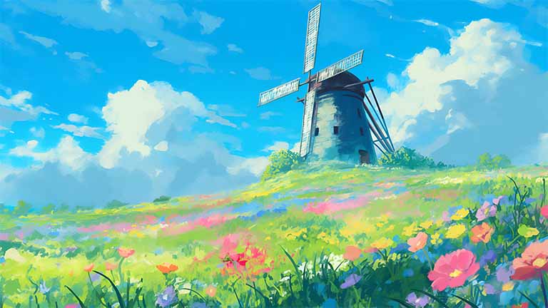 Windmill Wildflower Field Ghibli Style PC Desktop Wallpaper 4K