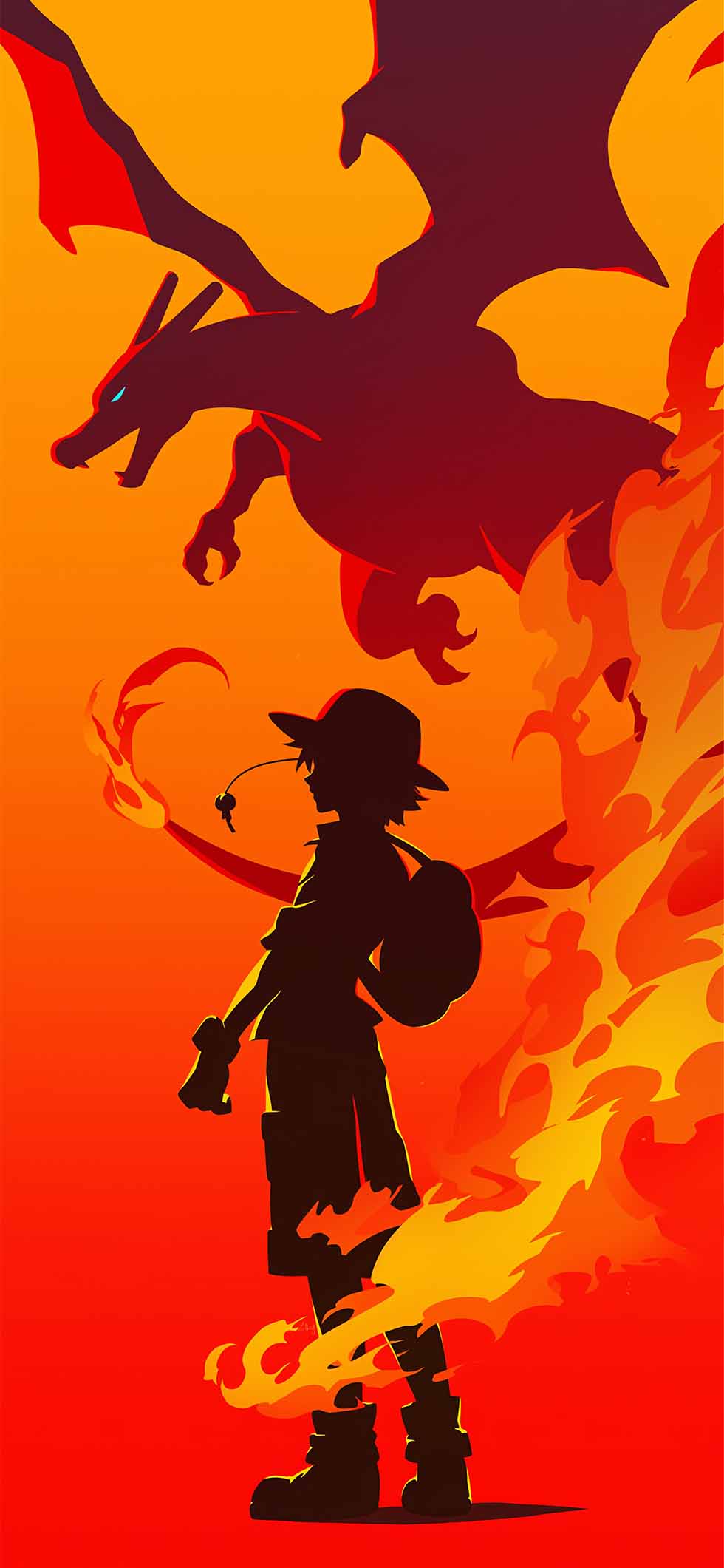 Ash & Charizard Silhouette Fire Red Pokemon Wallpapers iPhone
