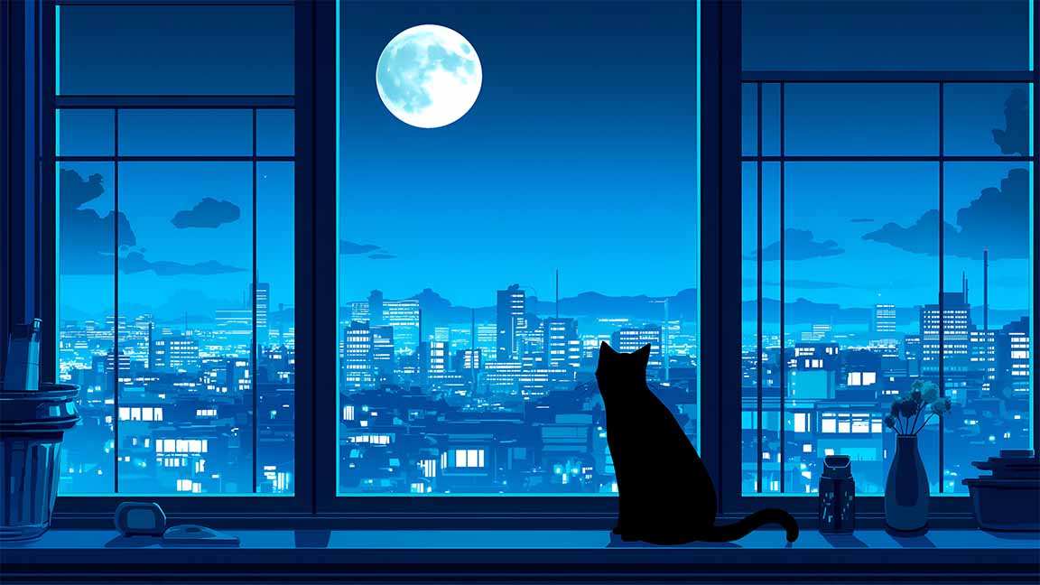 Black Cat Moonlight City View Window Desktop Wallpaper 4K & HD