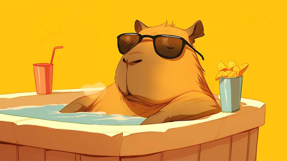 Capybara Hot Tub Chips Vacation Vibe Desktop Wallpaper 4K