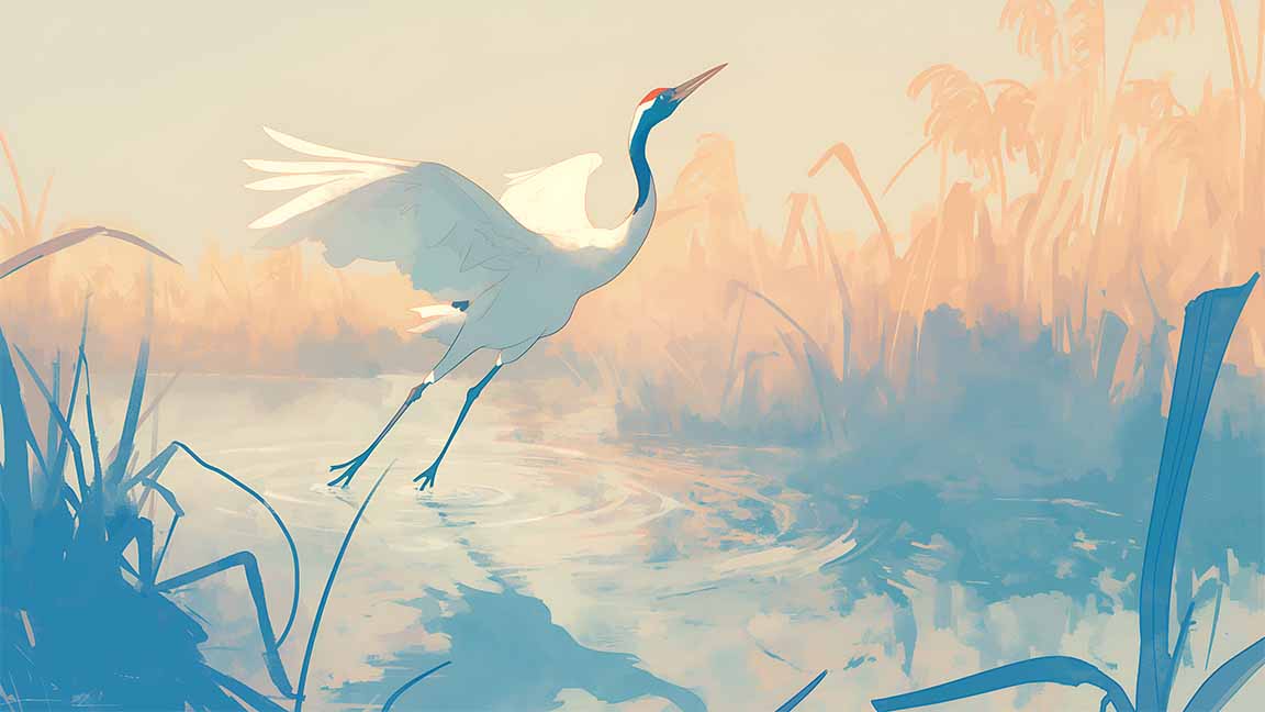 Crane Morning Mist Dance Minimal Desktop Wallpaper 4K & HD