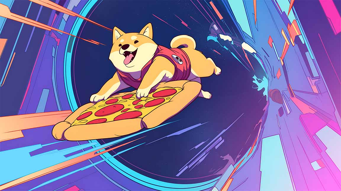 Doge Pizza Surfing Space Ride Cartoon Desktop Wallpaper 4K