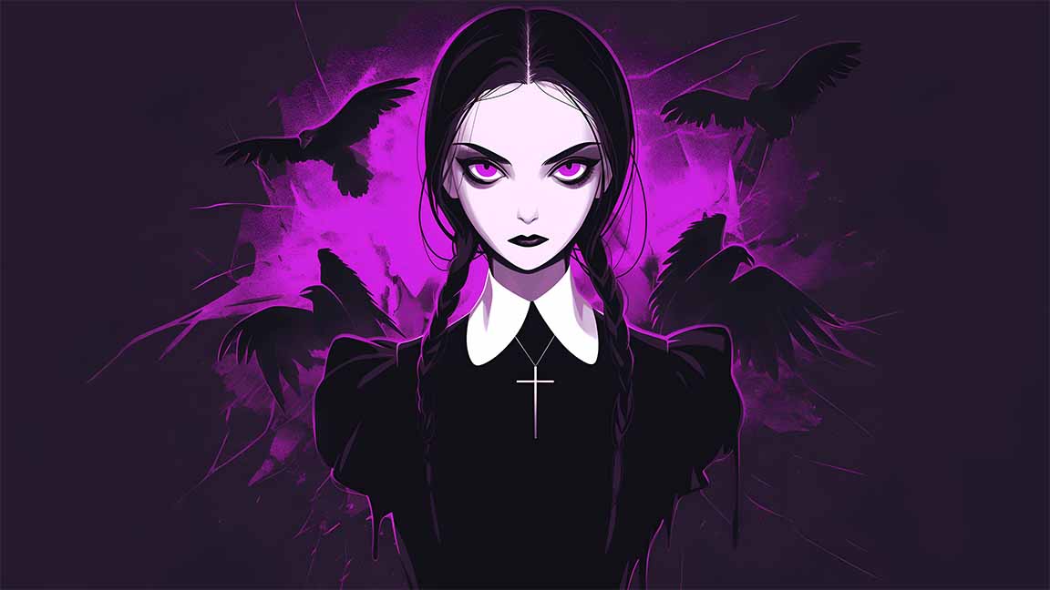 Gothic Wednesday Addams Ravens Violet Aura Desktop Wallpaper