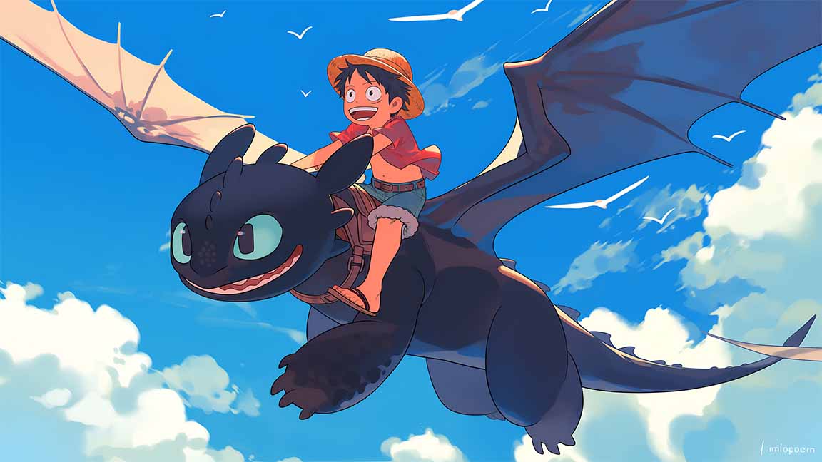 Luffy Riding Toothless Dreamflight Desktop Wallpaper - 4K Mashup