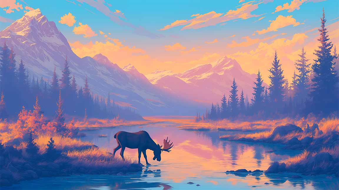 Moose in Misty Stream Morning Calm Clipart Wallpaper - 4K Vibes