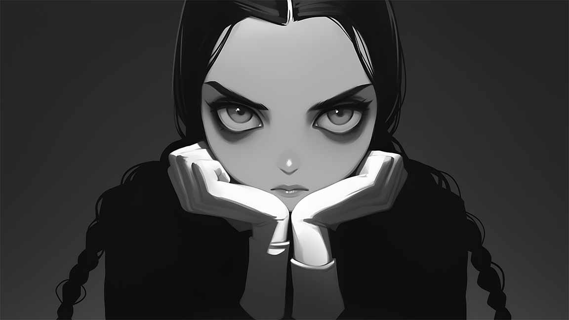Wednesday Addams Monochrome Dark Stare Desktop Wallpaper