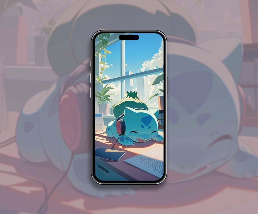 Bulbasaur Sleeping Headphones Chill Pokemon Wallpapers iPhone