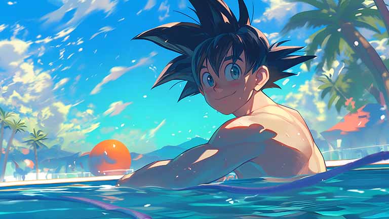 Dragon Ball Goku Enjoying Summer Pool Desktop Wallpaper 4K