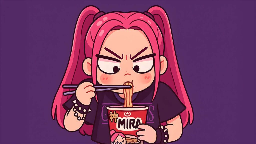 Kpop Demon Hunters Cute Mira Eating Ramen Desktop Wallpaper