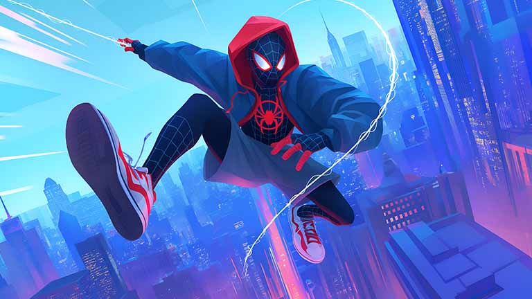 Spider-Man Miles Morales Leaping Cityscape Desktop Wallpaper