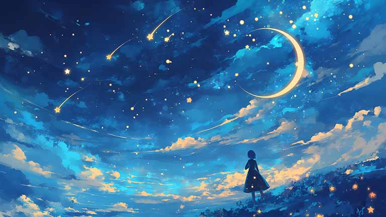 Starry Night Lonely Girl Gazing at Moon Desktop Wallpaper 4K