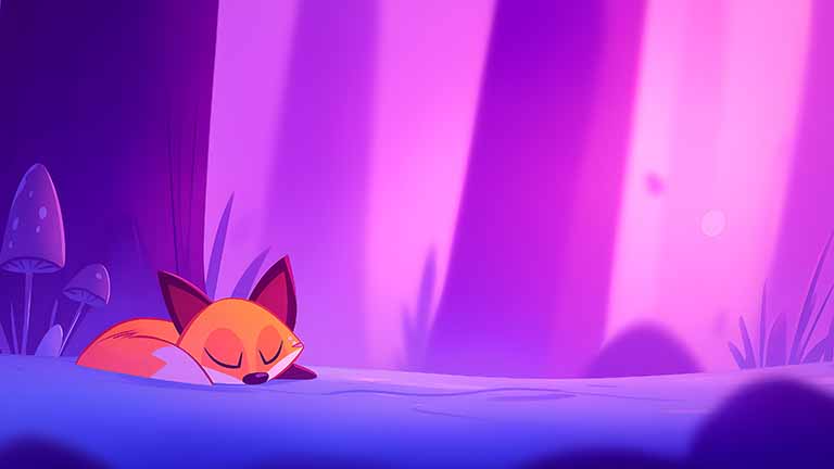 Cozy Fox Sleeping in a Pink Fantasy Forest Desktop Wallpaper