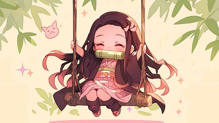 Nezuko Kamado Chibi Pink Gradient Desktop Wallpaper - Cute Vibe