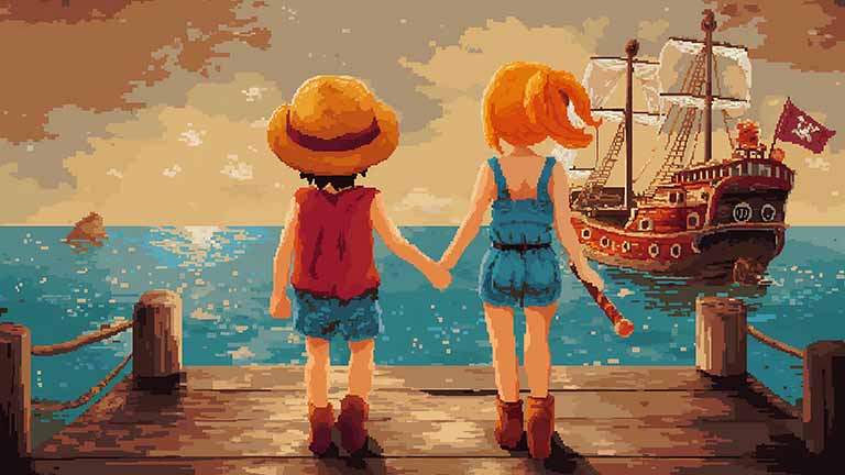 One Piece Luffy and Nami Holding Hands Desktop Wallpaper