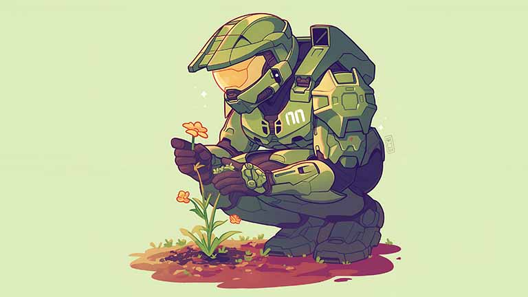 Free Master Chief Planting Flowers 4K Desktop Wallpaper