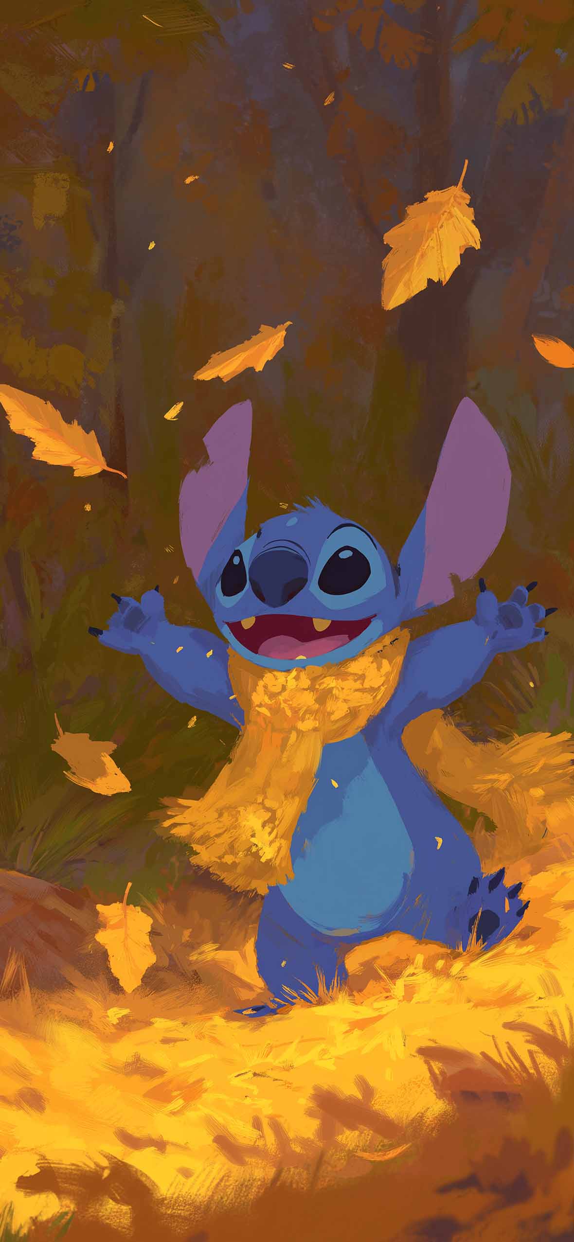 Stitch Under Autumn Leaves Cozy Phone Wallpapers iPhone HD