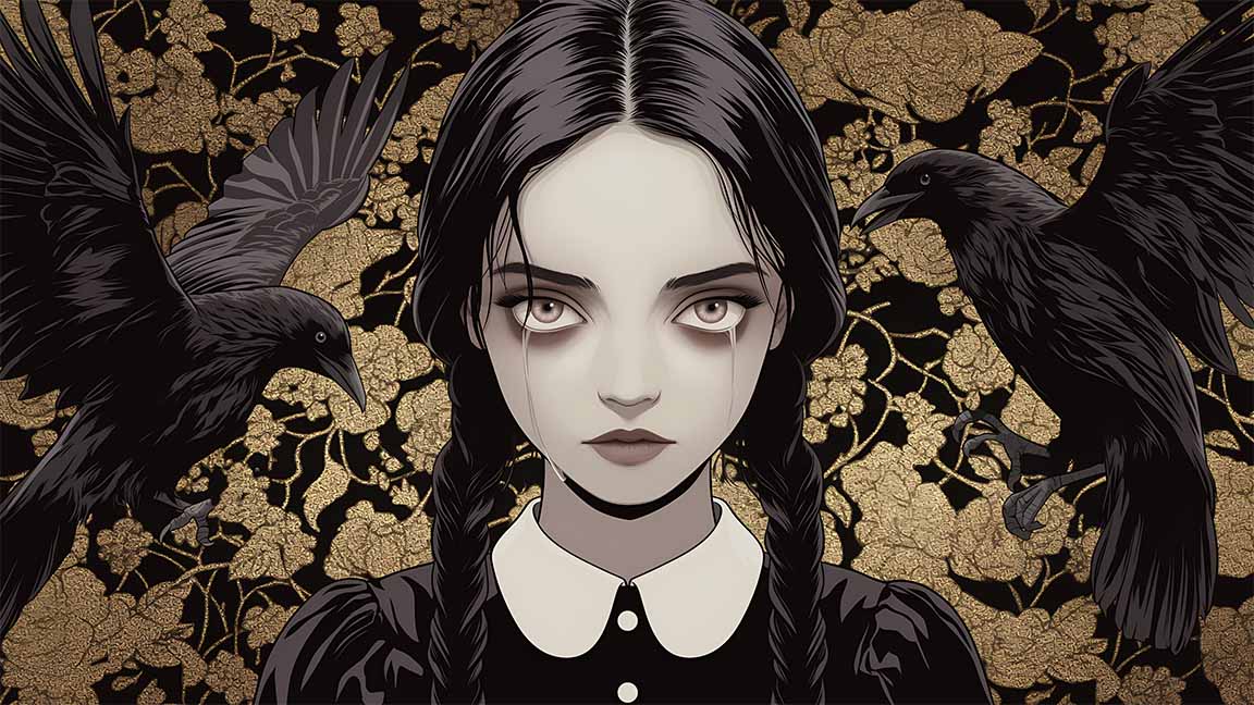 Wednesday Addams With Crows Aesthetic Desktop Wallpaper 4K