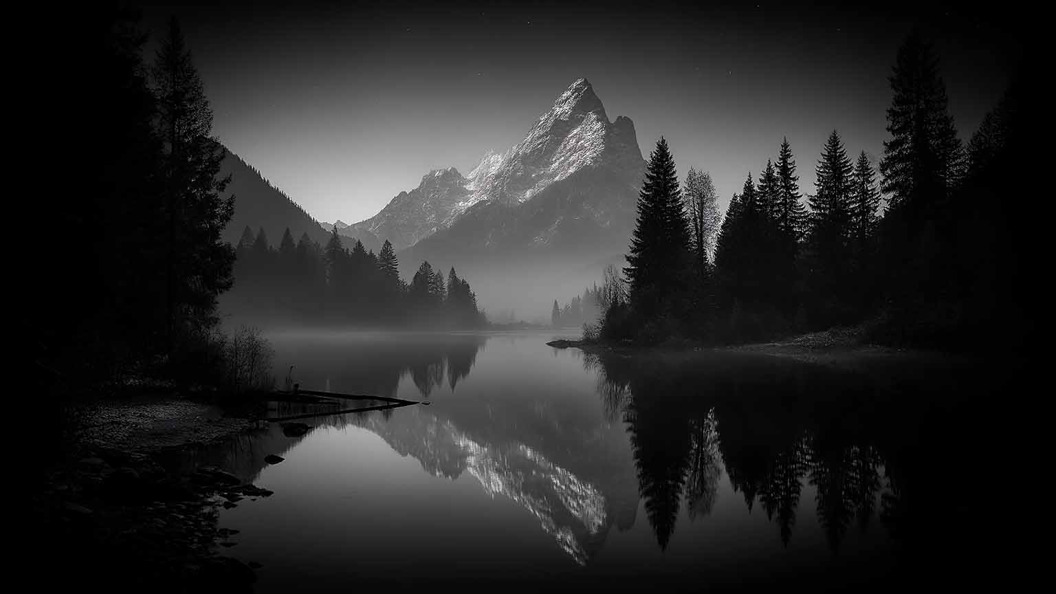 Free Black and White Mountain Lake Reflection Desktop Wallpaper