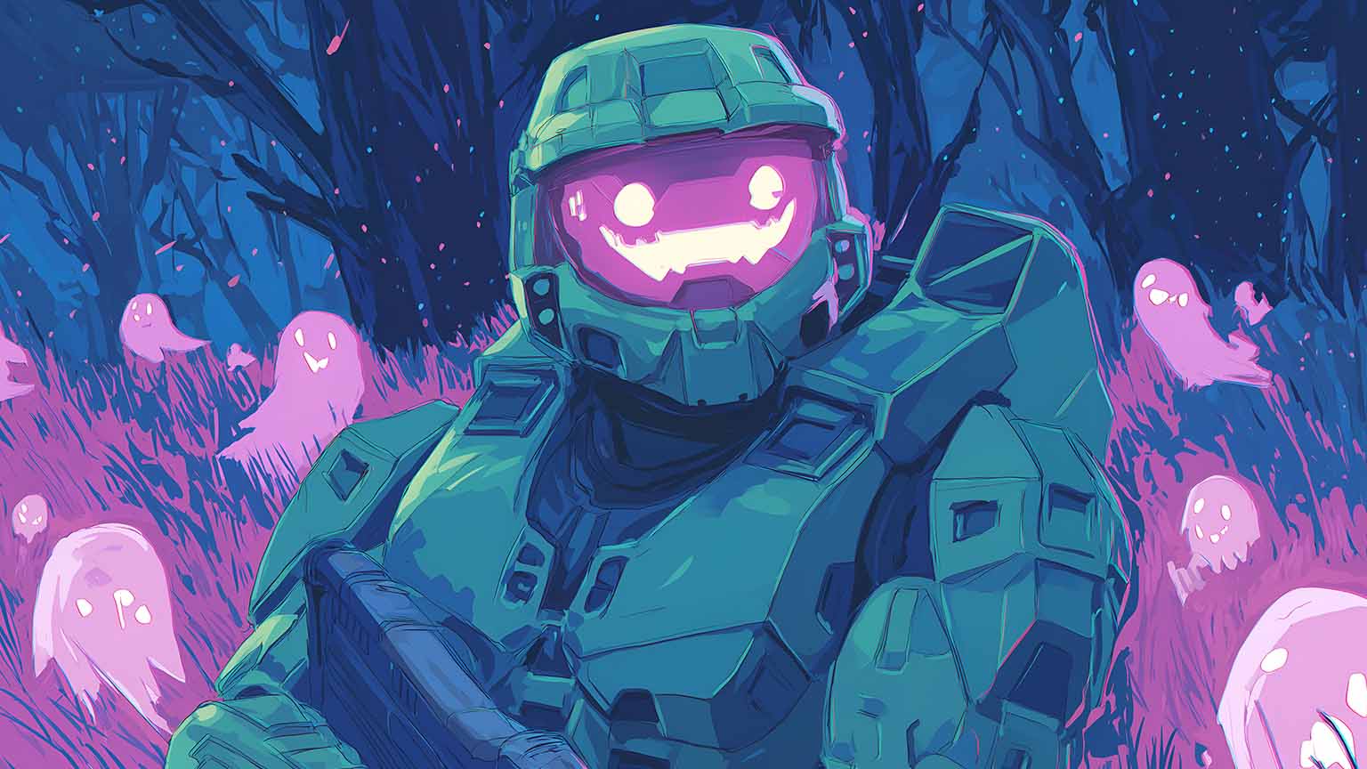 Halo Master Chief Jack-O’-Lantern Helmet Ghosts Wallpaper 4k