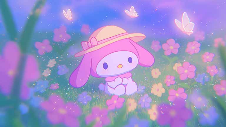My Melody Flower Field Pastel Garden Butterflies Wallpaper 4k