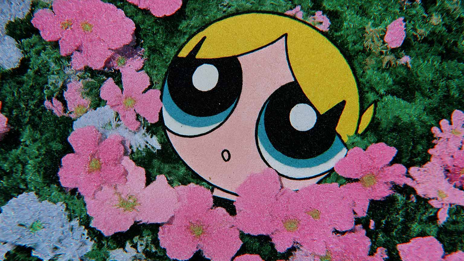 Powerpuff Girls Bubbles Hiding in Pink Flowers Desktop Wallpaper