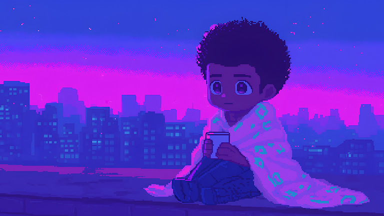 Spider-Man Miles Morales Chibi Pixel Art Rooftop Lofi Wallpaper