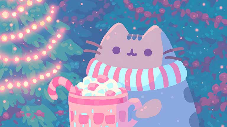 Pusheen Cat Christmas Tree Minimal Winter Desktop Wallpaper