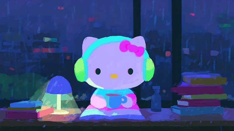 Free Sanrio Hello Kitty Lofi Study Rainy Night Desktop Wallpaper