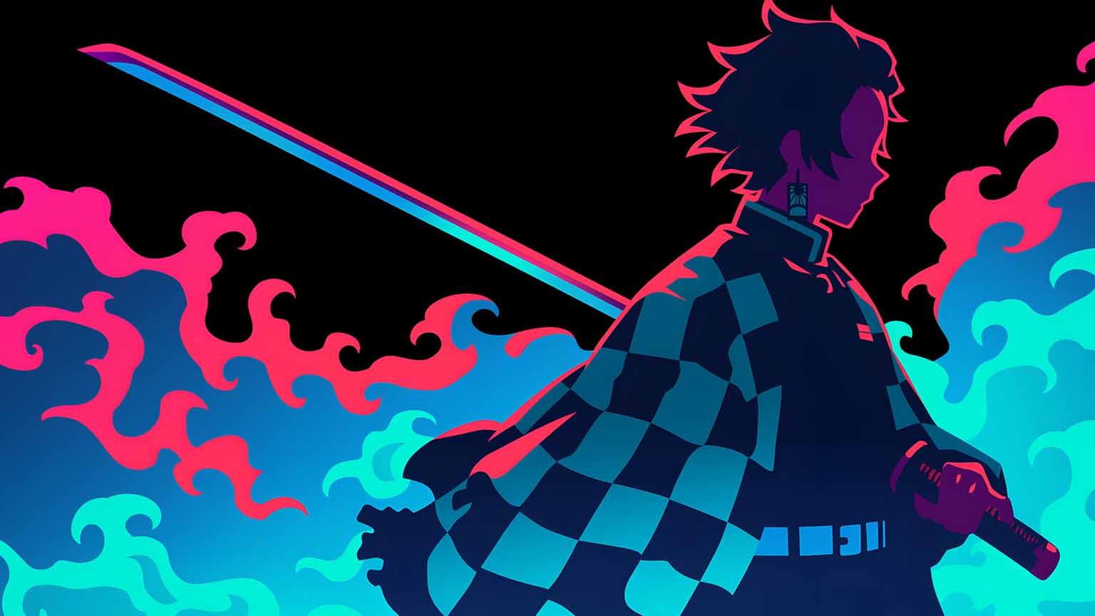 Demon Slayer Tanjiro Neon Water Breathing Desktop Wallpaper