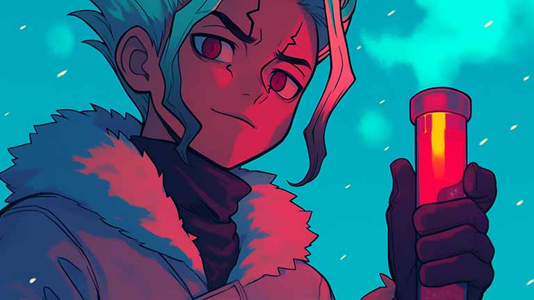 Free Dr. Stone Senku Holding Glowing Red Vial Desktop Wallpaper